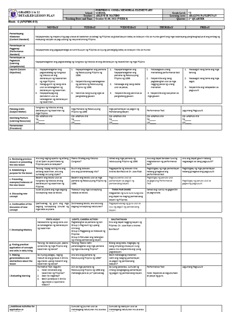 GRADES 1 To 12 Detailed Lesson Plan: Week: 6 (AP6PMK-If-9) | PDF