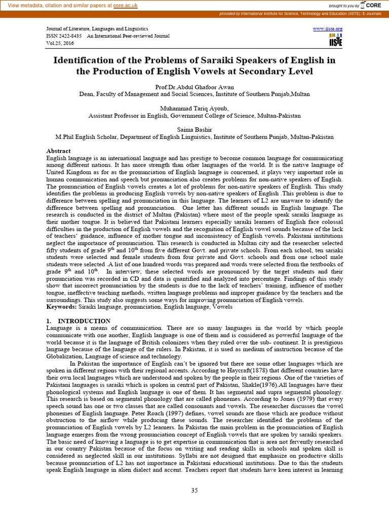 Saraiki English Vowel Challenges | PDF | English Language | Phoneme