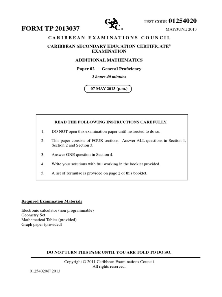 CSEC Additional Mathematics June 2013 P2 | PDF