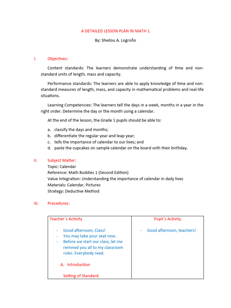 A Detailed Lesson Plan in Math 1 Finished LP | PDF