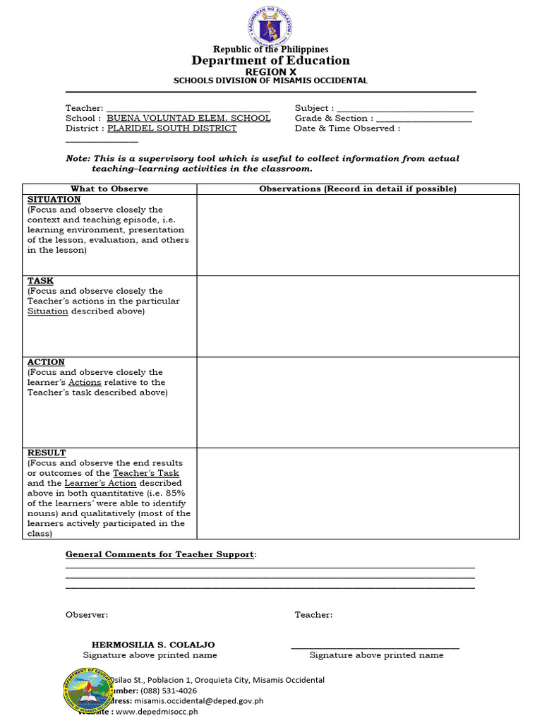 Star Observation Form (SH - Teachers) | PDF