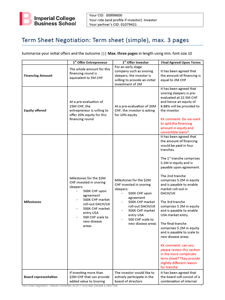 Template Term Sheet and Rationale | PDF