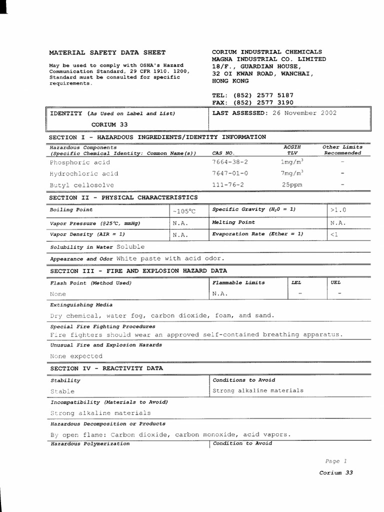 Corium 33 Safety Data Sheet | PDF