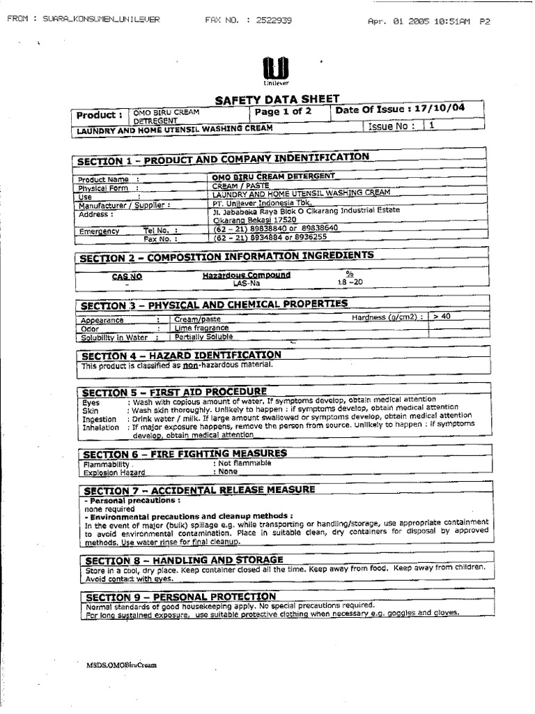 MSDS Cream Detergent | PDF