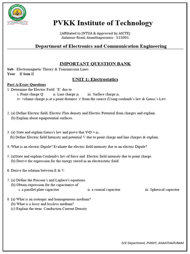 EMTL Important-Questions | PDF | Electric Field | Electricity