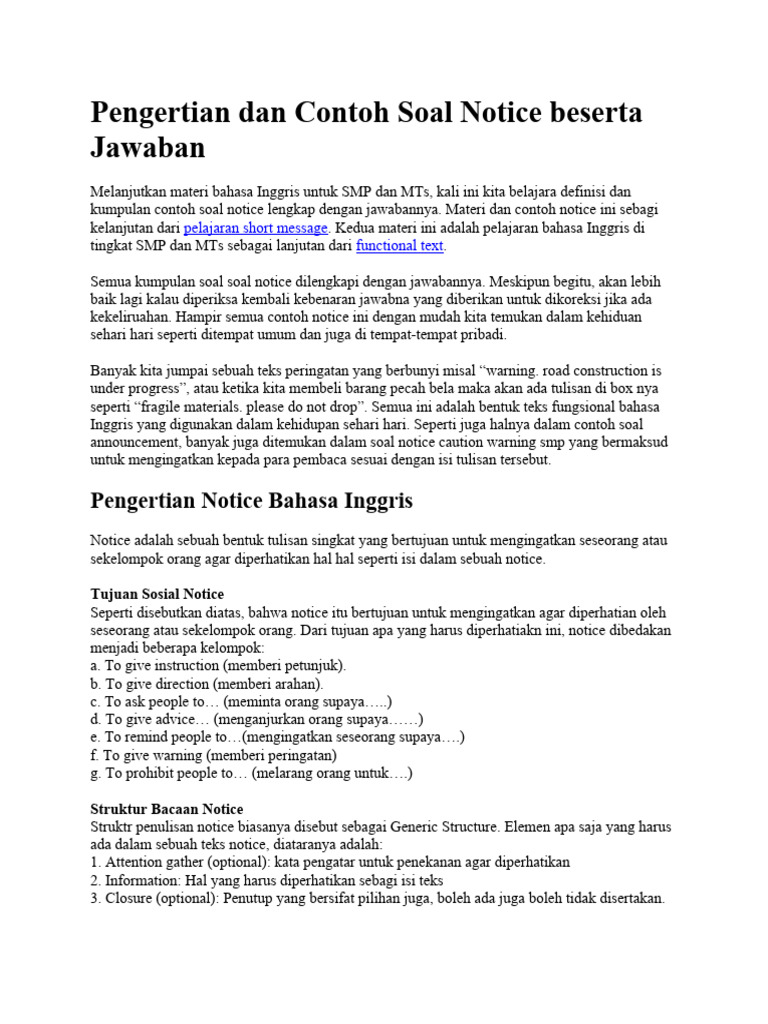 Pengertian Dan Contoh Soal Notice Beserta Jawaban | PDF