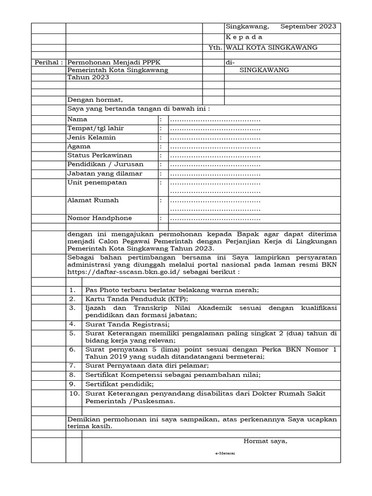 6672 Form Surat Lamaran Pppk 2023 | PDF