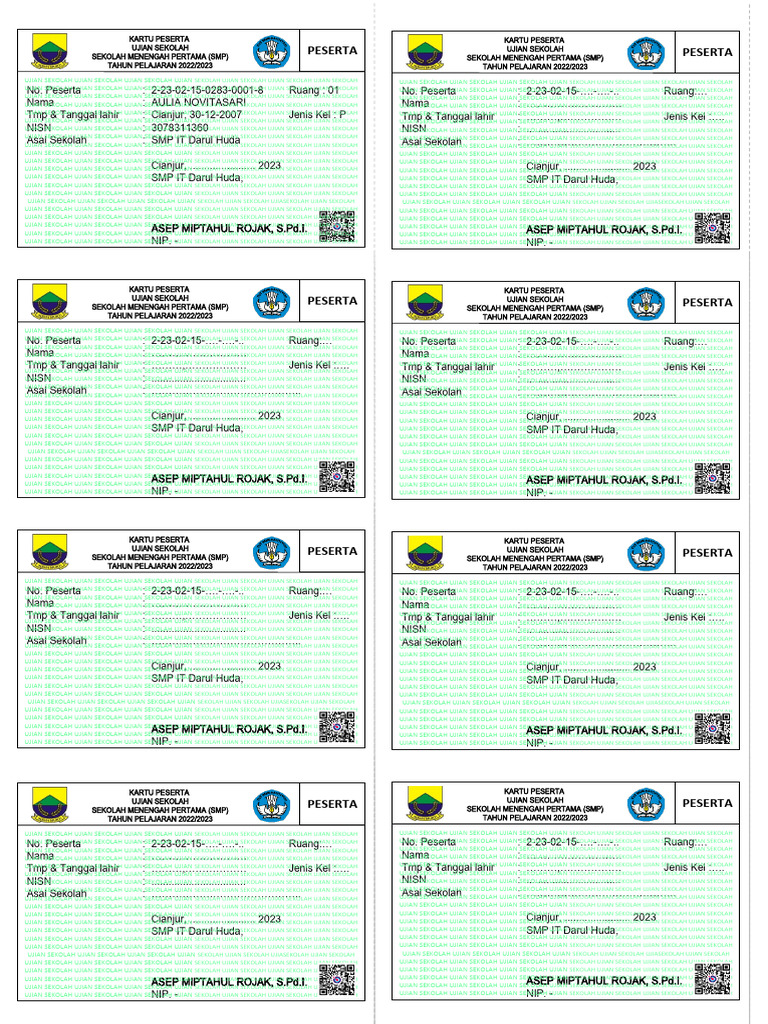 Contoh Kartu Peserta Ujian Sekolah SMP | PDF