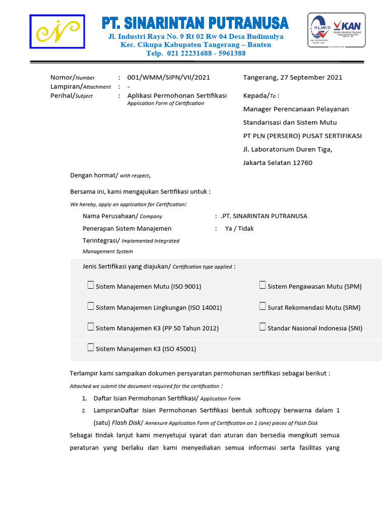Permohonan Sertifikasi PT Sinarintan | PDF | Bisnis