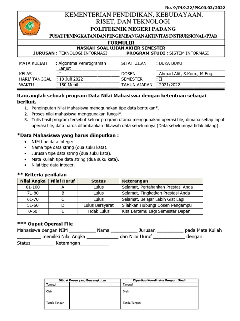 Naskah Soal UAS Alpro Lanjutan | PDF