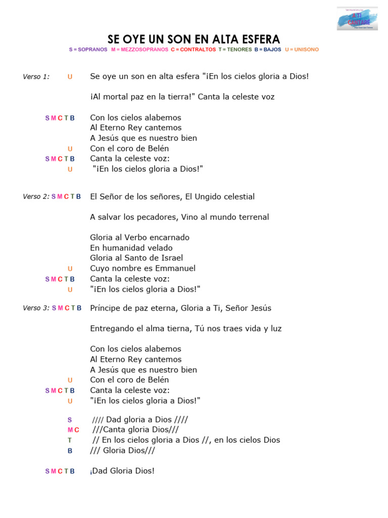 LETRA Se oye un son en alta esfera - A TI CANTARÉ | PDF