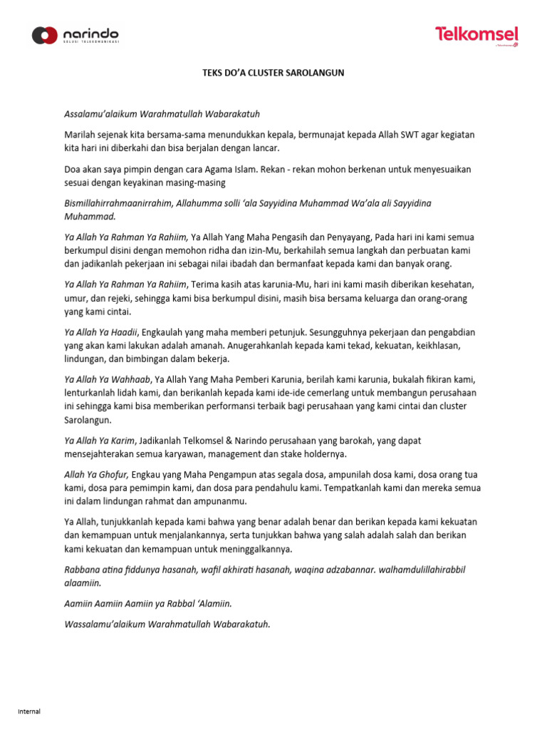 Teks Doa Briefing Pagi Cluster Sarolangun | PDF