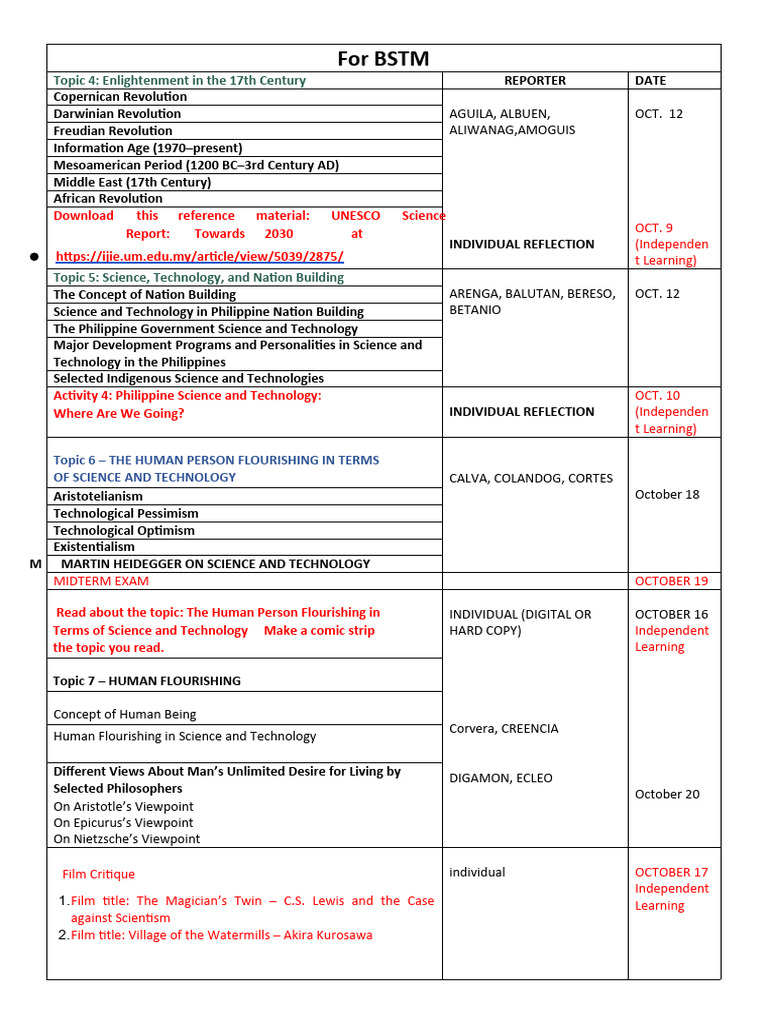 Sched BSTM STS | PDF