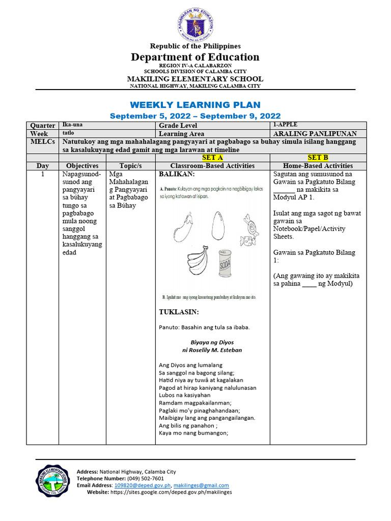 Department of Education: Weekly Learning Plan | PDF