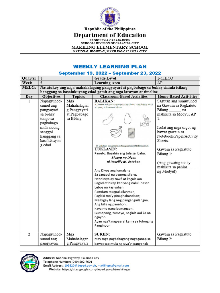 Department of Education: Weekly Learning Plan | PDF