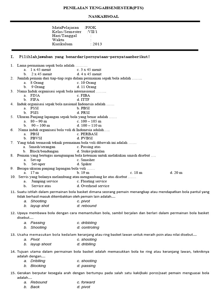 1 - Soal PTS PJOK K7 Ganjil FIX 2023 | PDF