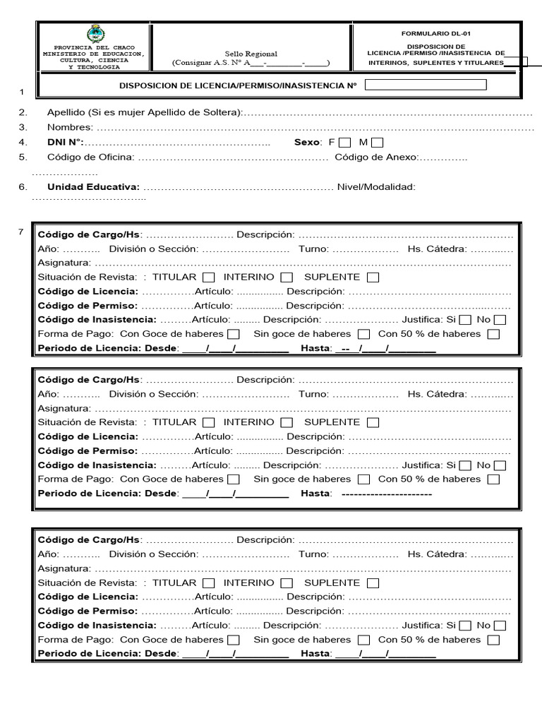 28-Form DL-01 Disposicion Licencia | PDF