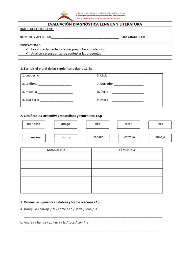 Evaluación Diagnóstica Lengua y Literatura | PDF