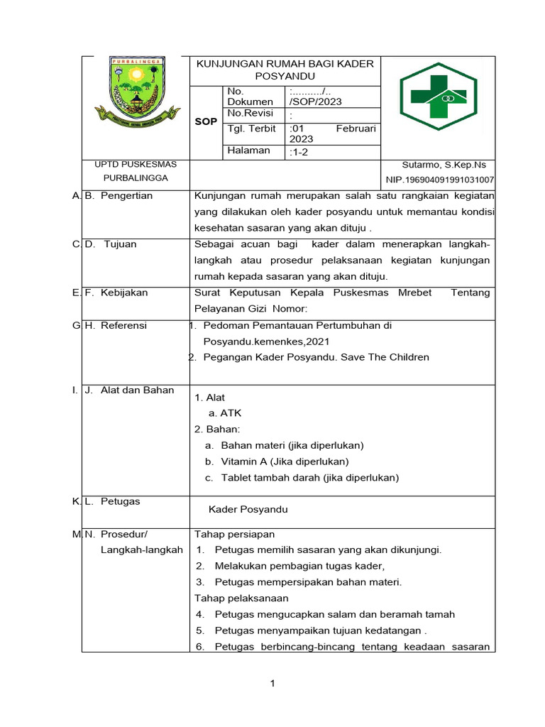 SOP Kunjungan Rumah Kader Posyandu | PDF