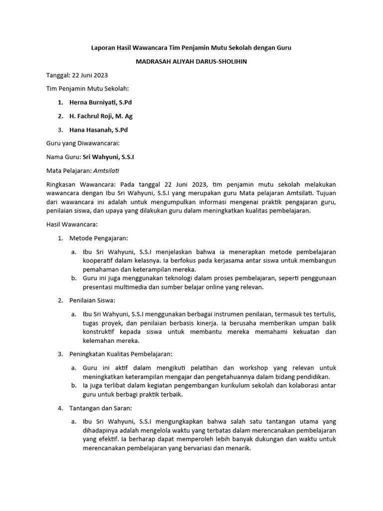 Laporan Hasil Wawancara Tim Penjamin Mutu Sekolah Dengan Guru | PDF