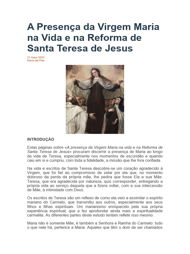 A Presença Da Virgem Maria Na Vida e Na Reforma de Santa Teresa de ...