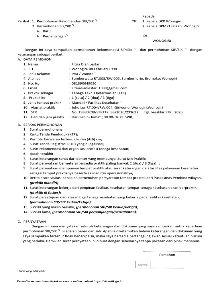 TEMPLATE Formulir SIP-SIK Sicantik dan Surat Pernyataan Praktik 2-3 ...