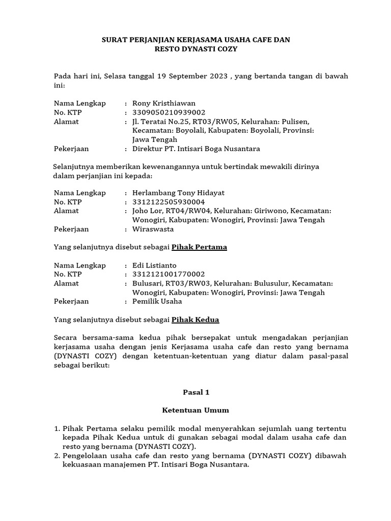 Surat Perjanjian Kerjasama Cafe Dan Resto | PDF