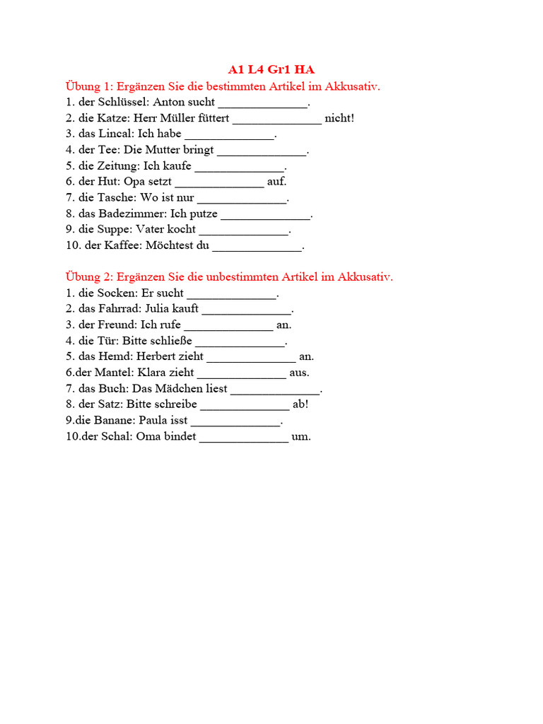 Übung 1: Ergänzen Sie Die Bestimmten Artikel Im Akkusativ.: A1 L4 Gr1 ...