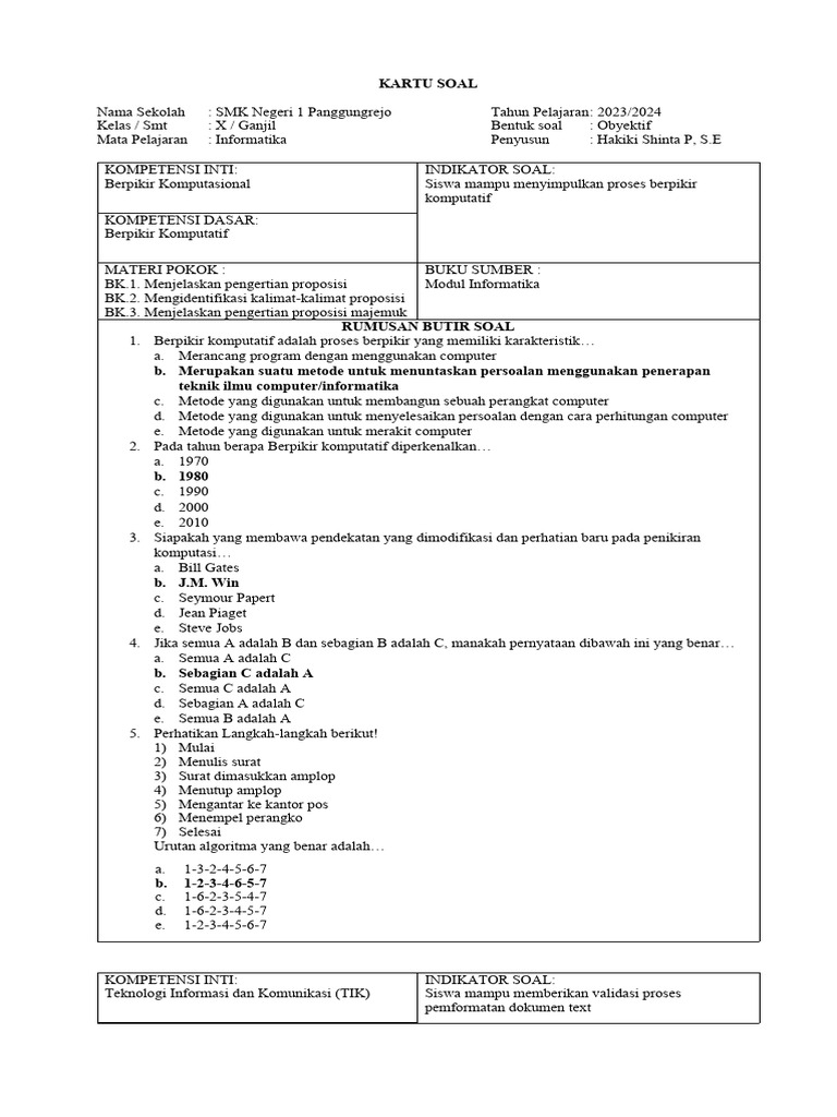Kartu Soal Informatika Kurikulum Merdeka | PDF