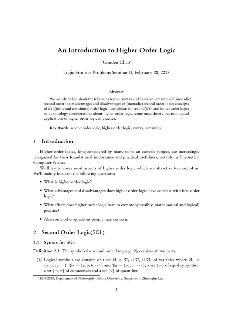 An Introduction To Higher Order Logic | Download Free PDF | Mathematical Logic | First Order Logic