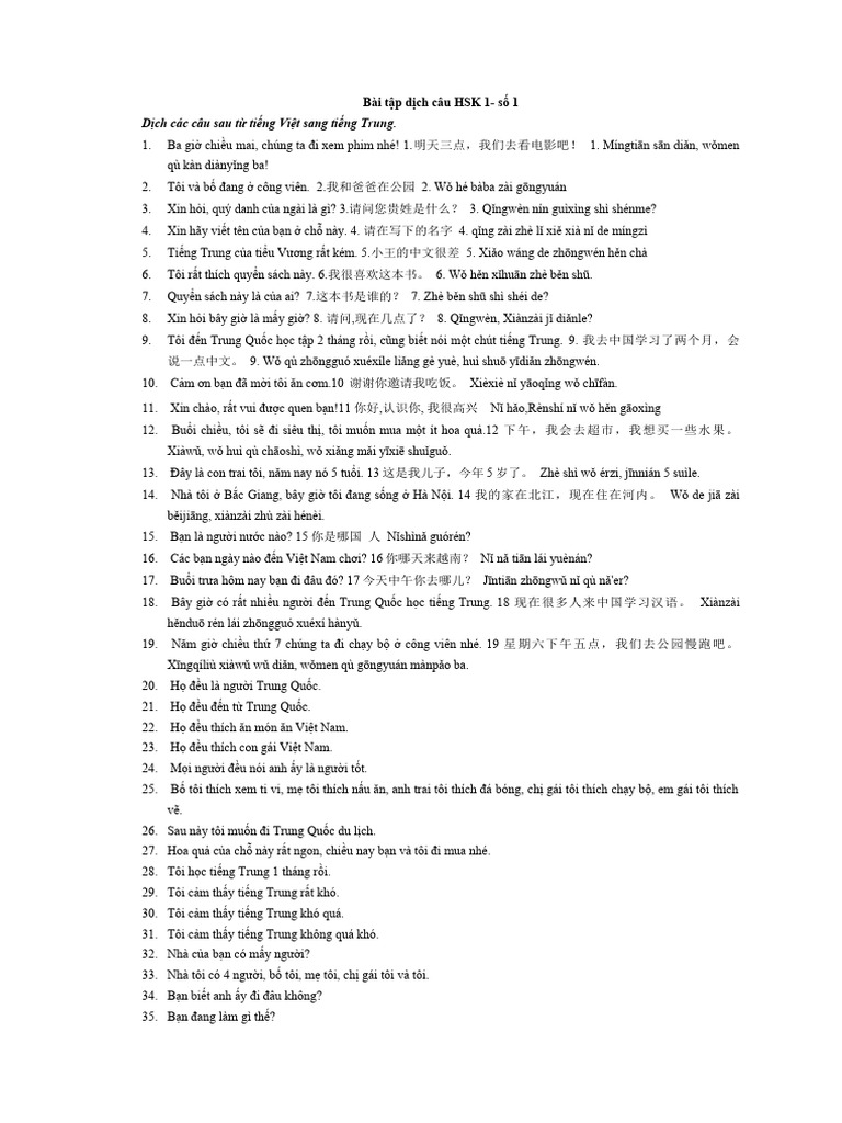 Bài tập dịch câu HSK 1 so1 | PDF