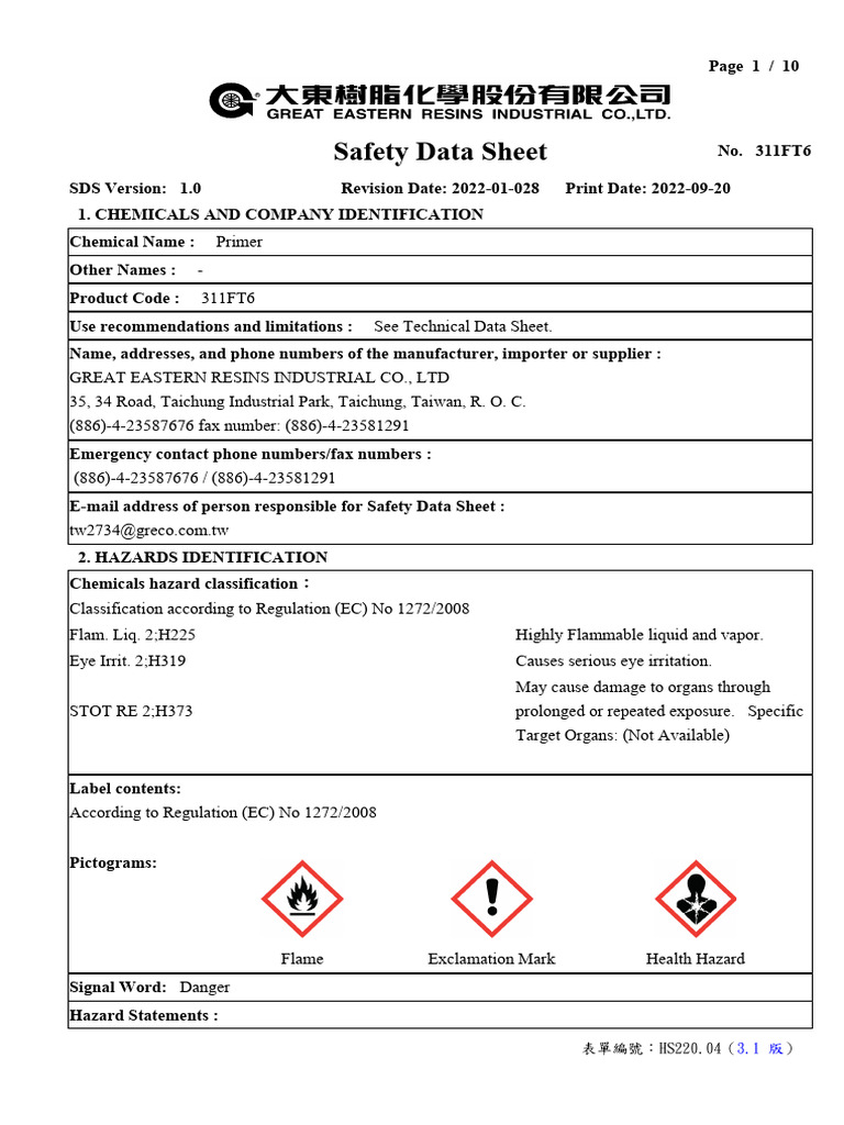 Safety Data Sheet for Primer 311FT6 | PDF