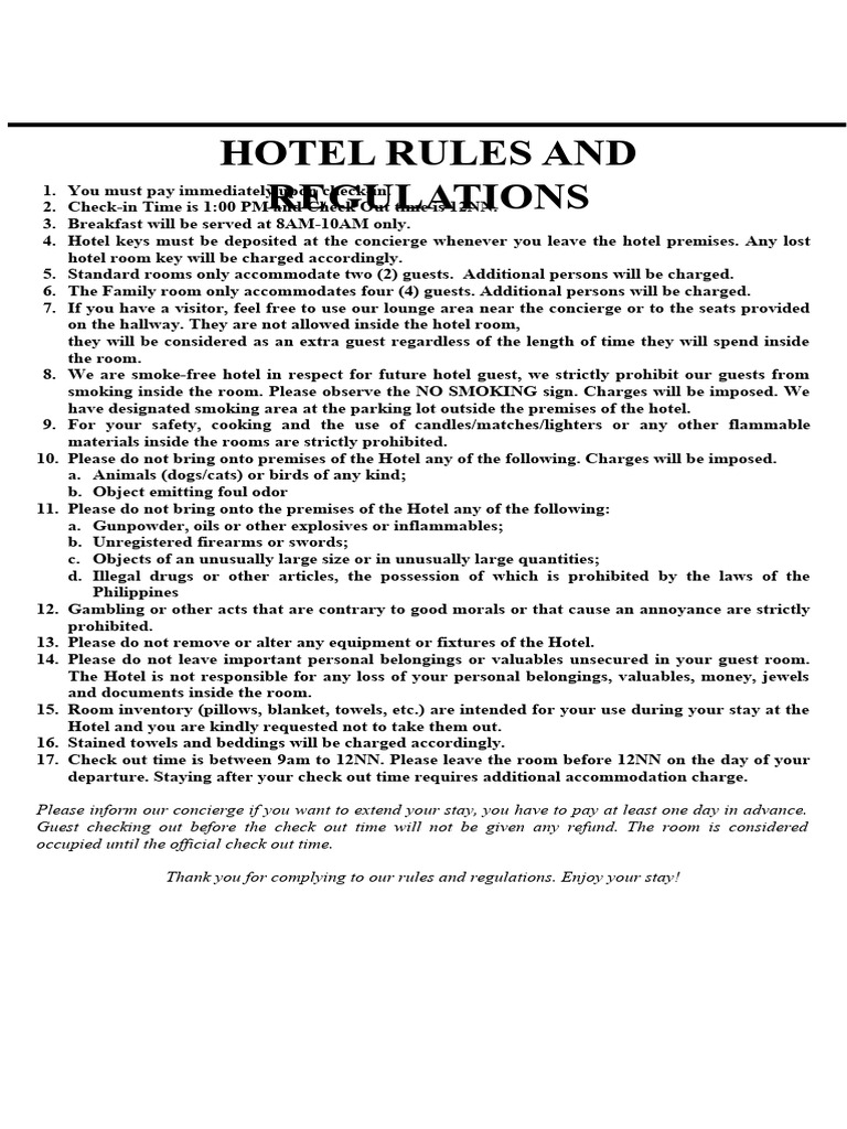 Hotel Rules & Regulations Sample | PDF