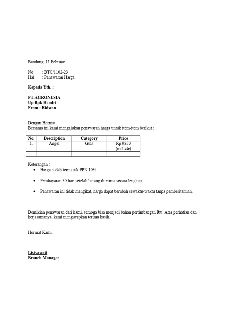 Penawaran Harga Produk PT. Brataco | PDF