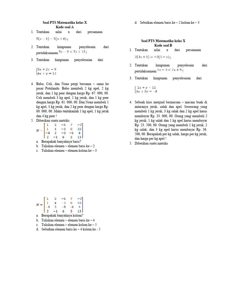 Soal PTS MTK Kelas X | PDF