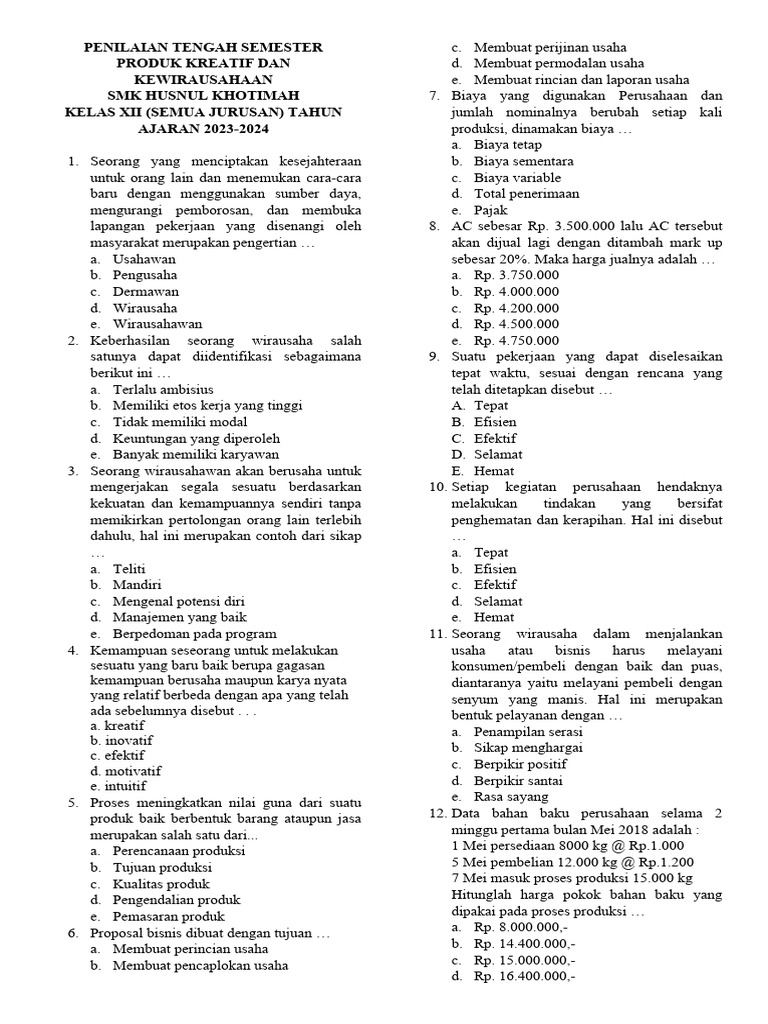 Soal Uts Kelas Xii HK | PDF
