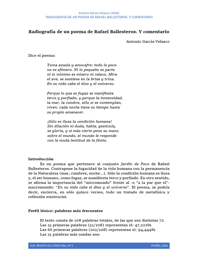 Radiografia de Un Poema de Rafael Ballesteros Y Comentario | PDF