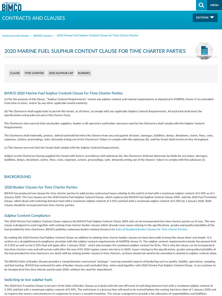 2020_Marine_Fuel_Sulphur_Content_Clause_for_Time_Charter_Parties | PDF | Fuel Oil | Private Law