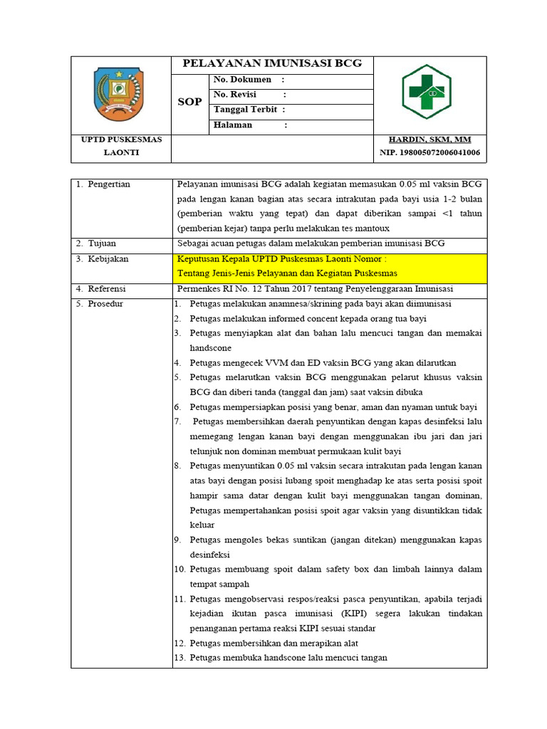 SOP PELAYANAN IMUNISASI BCG | PDF
