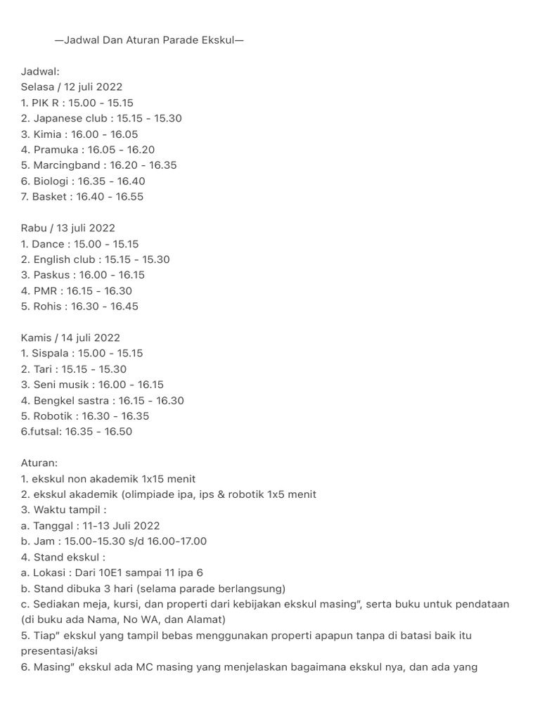 Jadwal & Aturan Parade Ekskul 2022 | PDF | Ilmu Sosial | Seni