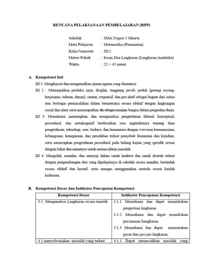 RPP XI Peminatan - Irisan Dua Lingkaran | PDF