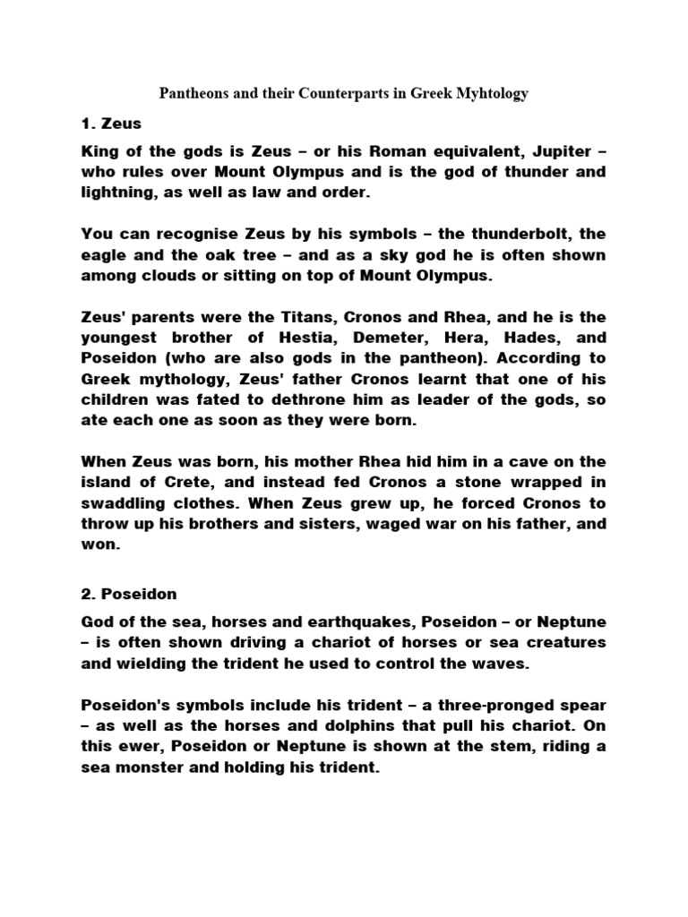 Pantheons and Their Counterparts in Greek Myhtology | PDF