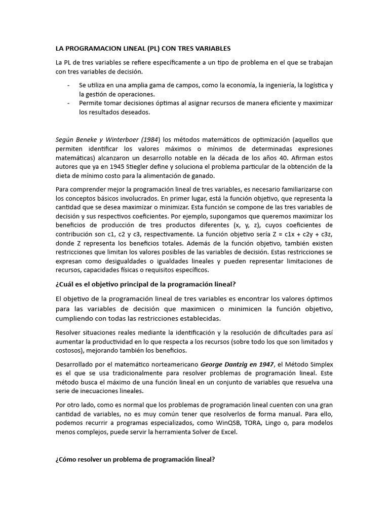Programación Lineal con Tres Variables | PDF | Programación lineal ...
