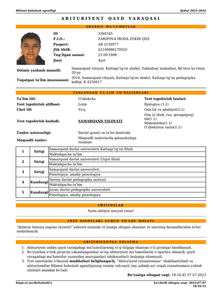 Zaripova Iroda Zokir Qizi Qayd Varaqa | PDF