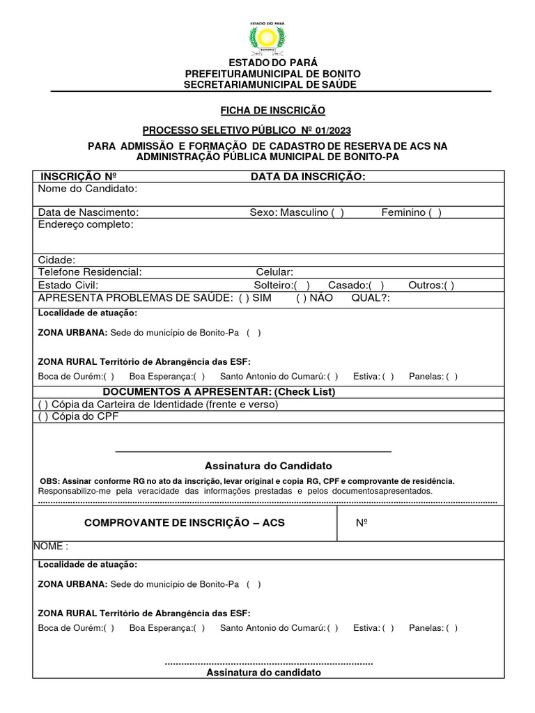 FICHA DE INSCRICAO DE ACS Bonito 1 | PDF