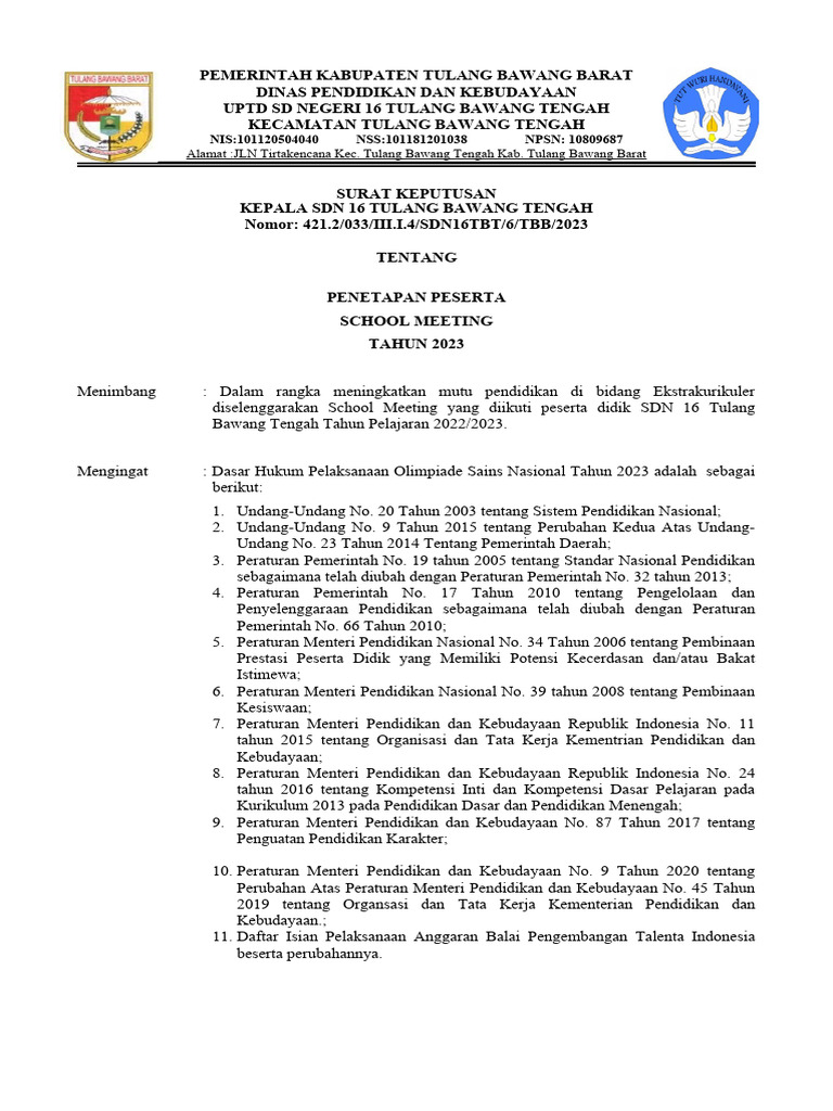 SK Sekolah Peserta KSN Contoh | PDF