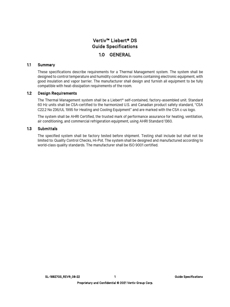 Liebert Ds Guide Specifications SL 18827gs - 01 | PDF