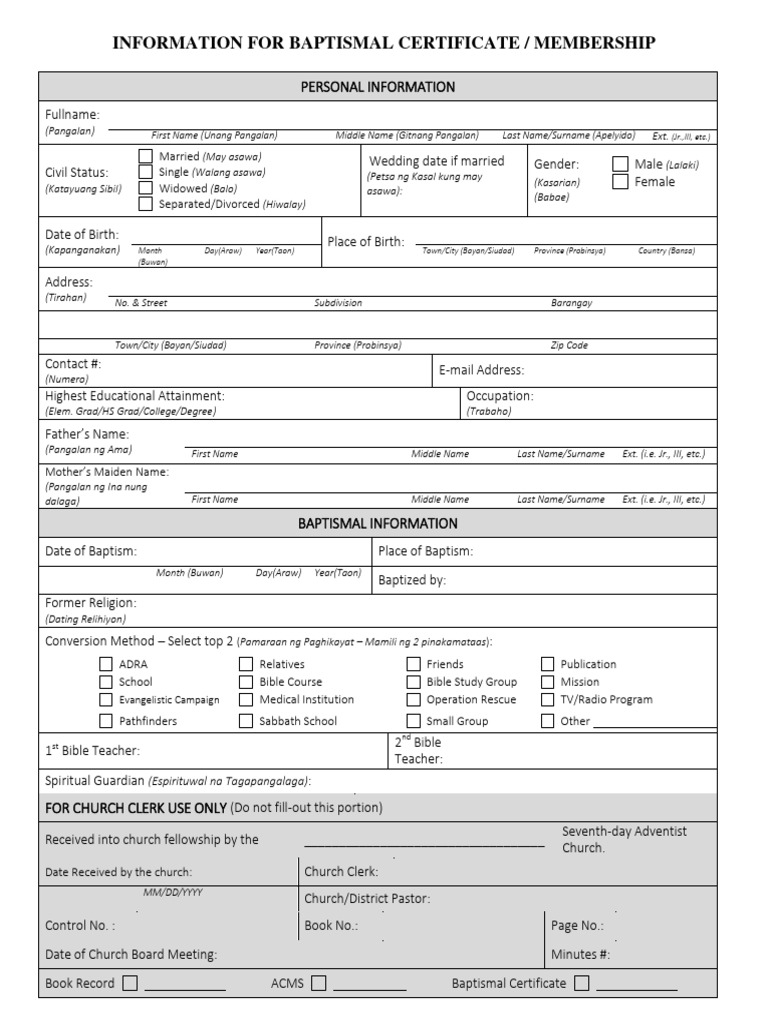 Form Baptismal Membership Info - TAGALOG | PDF