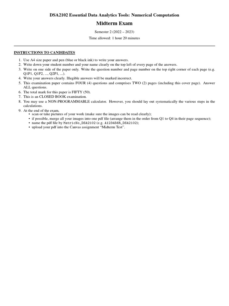 DSA2102 2223s2 Midterm | PDF | Matrix (Mathematics) | Numerical Analysis