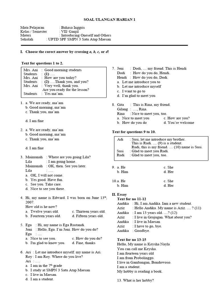 UH Kelas 7 1 Introducing Oneself and Others | PDF UH Kelas 7 1 Introducing Oneself and Others | PDF